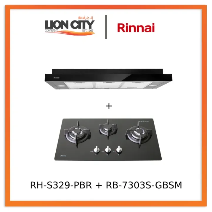 RINNAI RH-S329-PBR SLIMLINE HOOD + RINNAI RB-7303S-GBSM 3 BURNER GLASS - Lion City Company