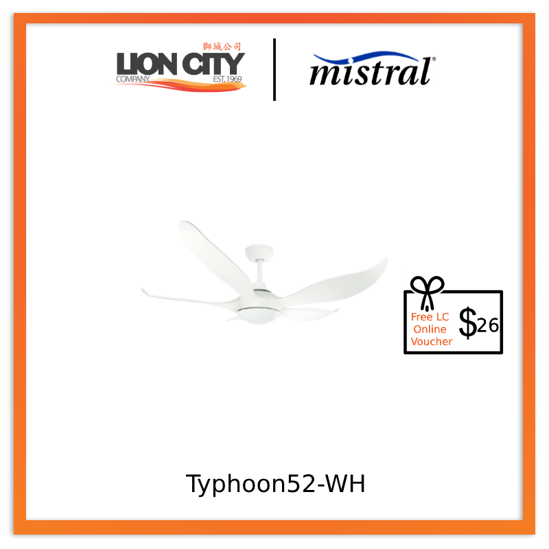 D'Fan Typhoon52-WH Ceiling Fan - 52", 45W - Lion City Company