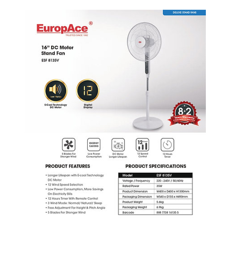 Europace ESF8135V DC Motor Stand Fan 16 Inch w Remote - Lion City Company