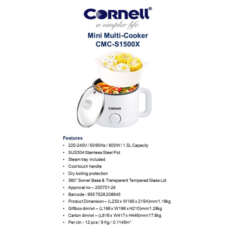 Cornell 1.5L Mini Multi Cooker with Steam Tray CMCS1500X - Lion City ...