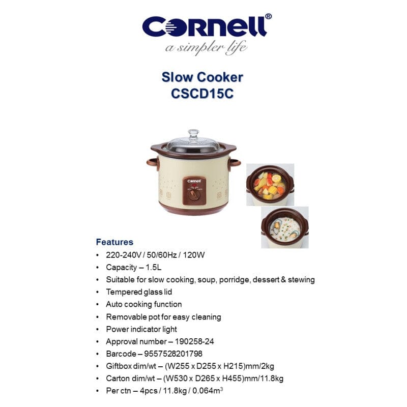 Cornell Electric Slow Cooker 1.5L Ceramic Pot CSCD15C - Lion City Company